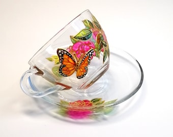 Pink Butterfly Tea Cup and Saucer | Monarch Butterfly Mug | Gift for ...