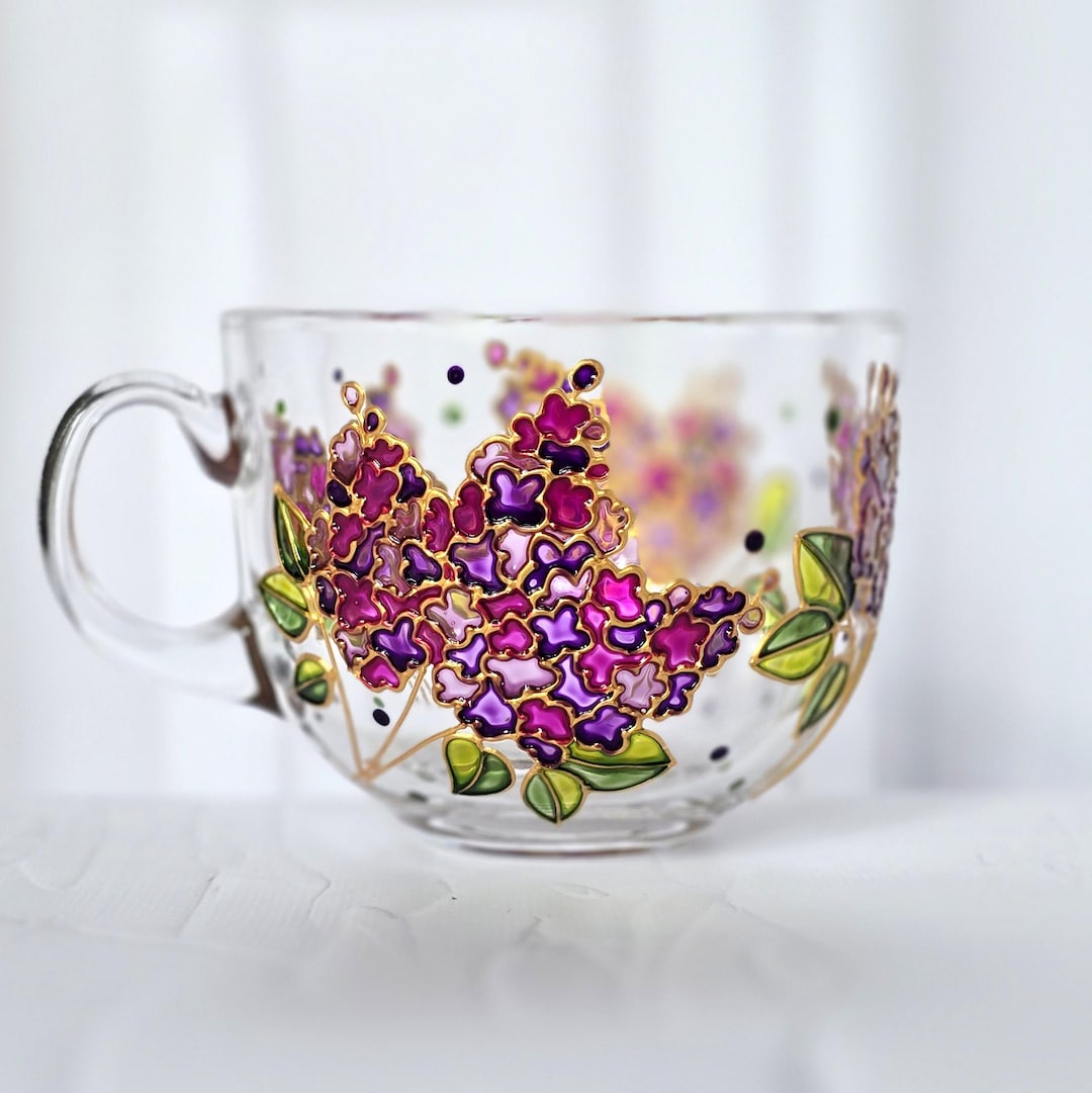 Hand Painted Lilac Floral Glass Mug: Personalized Coffee Cup - Etsy