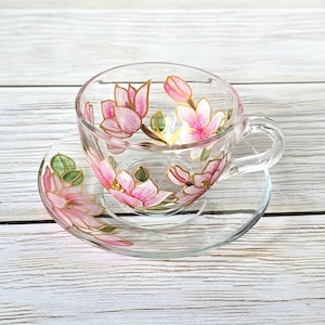 Hand-painted Pink Magnolia Tea Cup and Saucer: Personalized Floral Tea ...