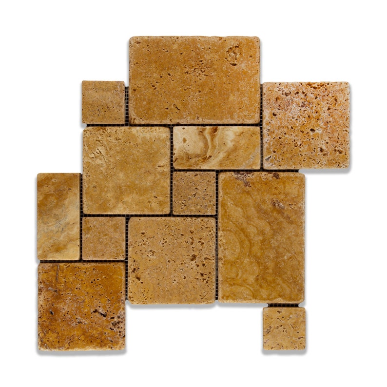 Gold / Yellow Travertine 4-pieced OPUS Mini-pattern Tumbled Mosaic Tile ...