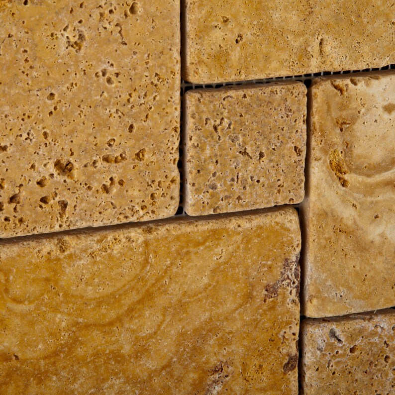 Gold / Yellow Travertine 4-pieced OPUS Mini-pattern Tumbled Mosaic Tile ...