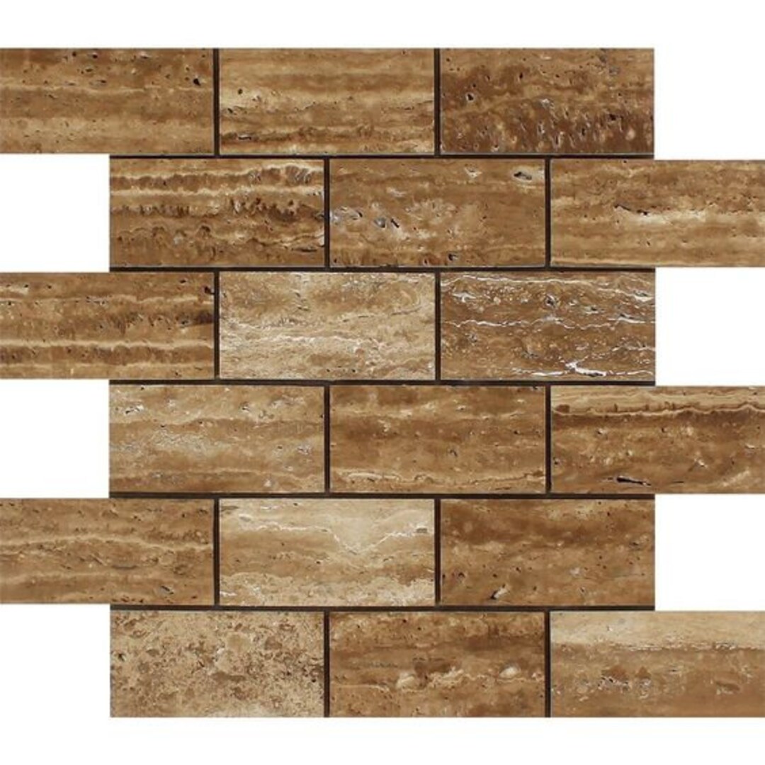 2 X 4 Noce Exotic Travertine vein-cut Brushed & Unfilled Brick Mosaic ...
