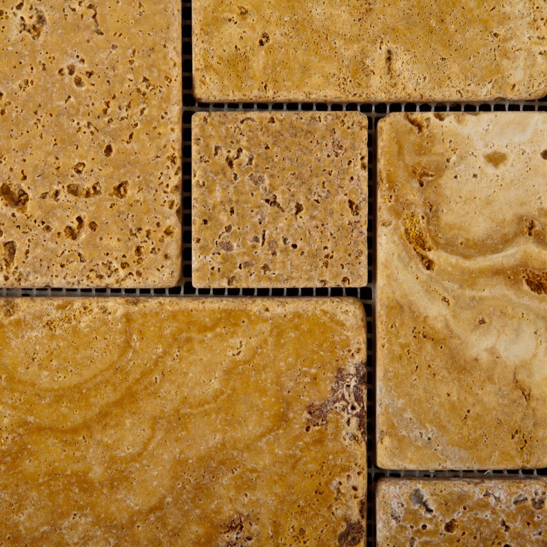 Gold / Yellow Travertine 4-pieced OPUS Mini-pattern Tumbled Mosaic Tile ...