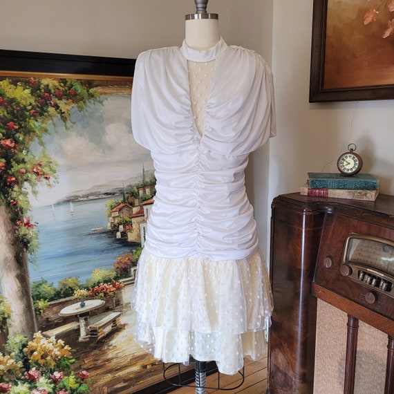 Vintage 80's white gathered party Prom wedding dress … - Gem