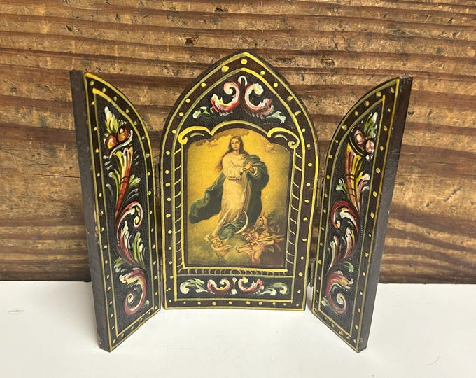 Vintage Florentine Triptych, Ascension of Mary Scene, Spanish ...