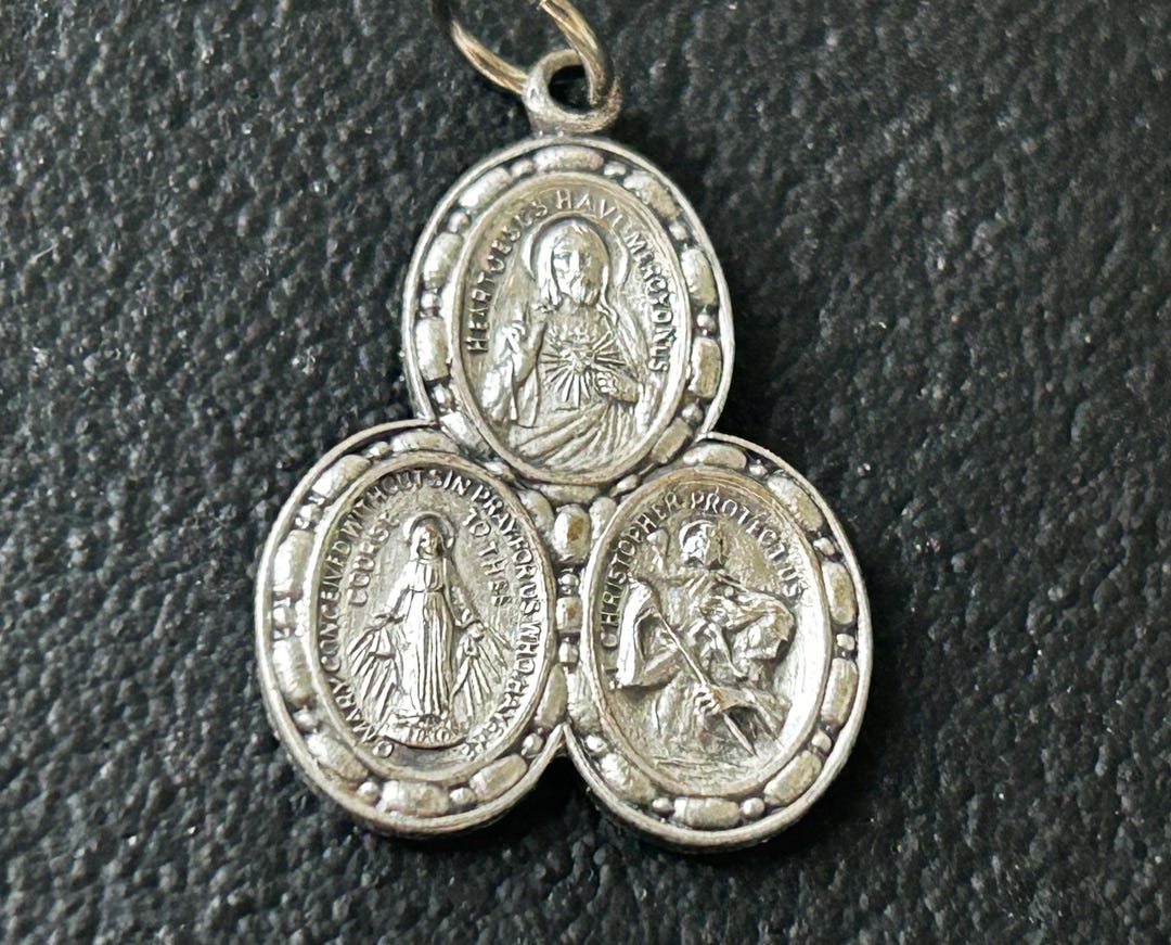 Antique 3way Religious Medal, Sacred Heart Jesus, Miraculous Mary and ...