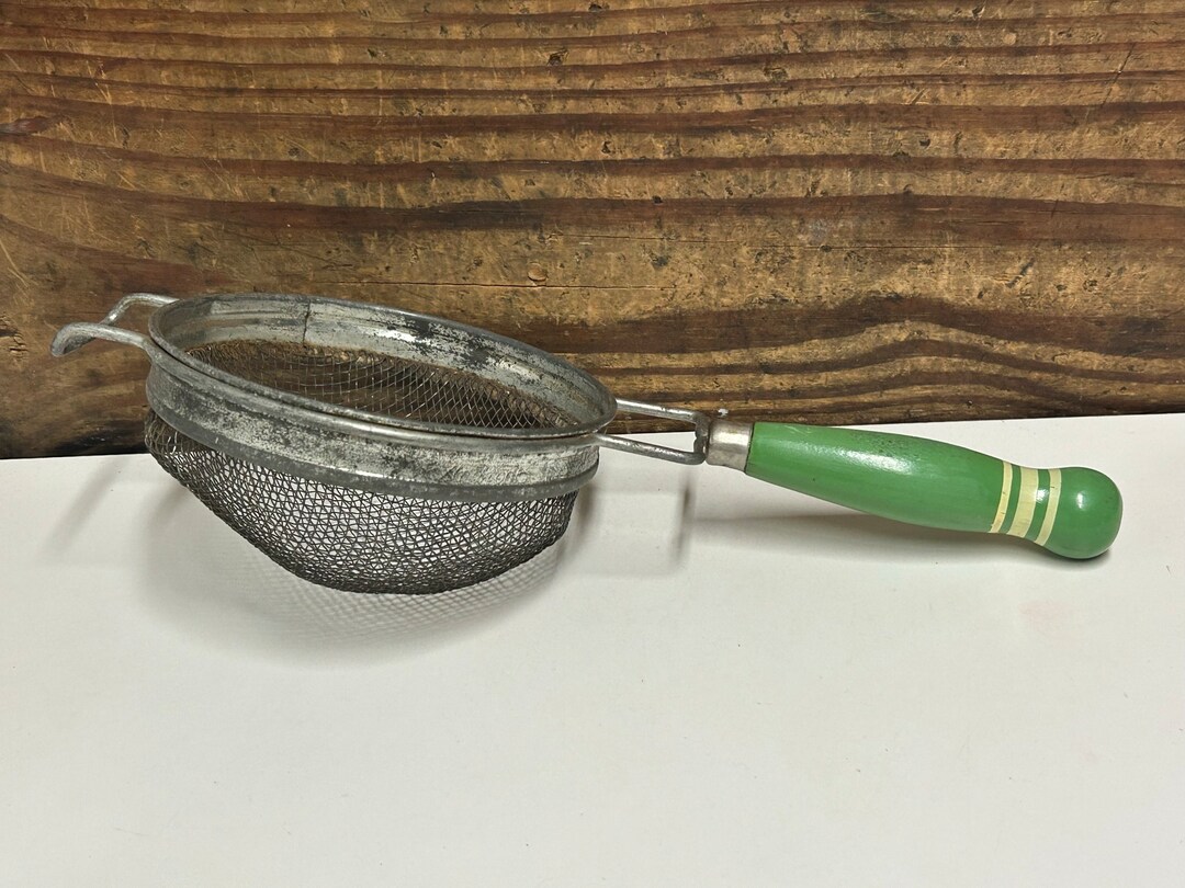 Large Vintage Hand Held Strainer With Green Wooden Handle Nice Old
