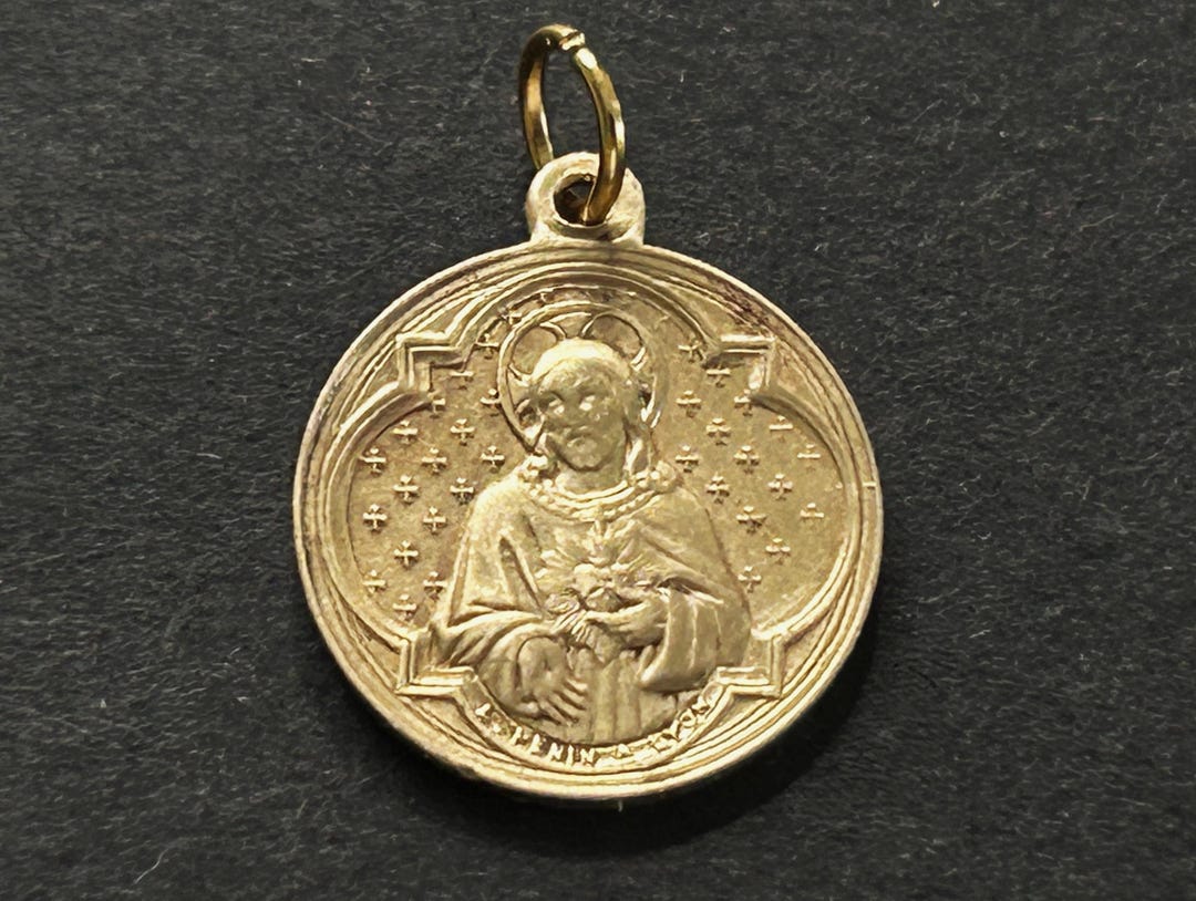 Antique Brass Sacred Heart Jesus Medal, Penin and Poncet Engraved ...