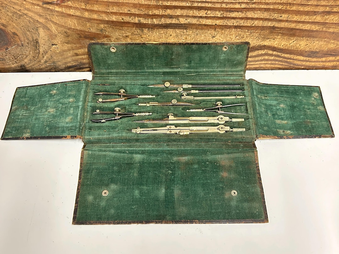 Antique Drafting Set in Green Velvet Lined Leather Case, Assorted ...