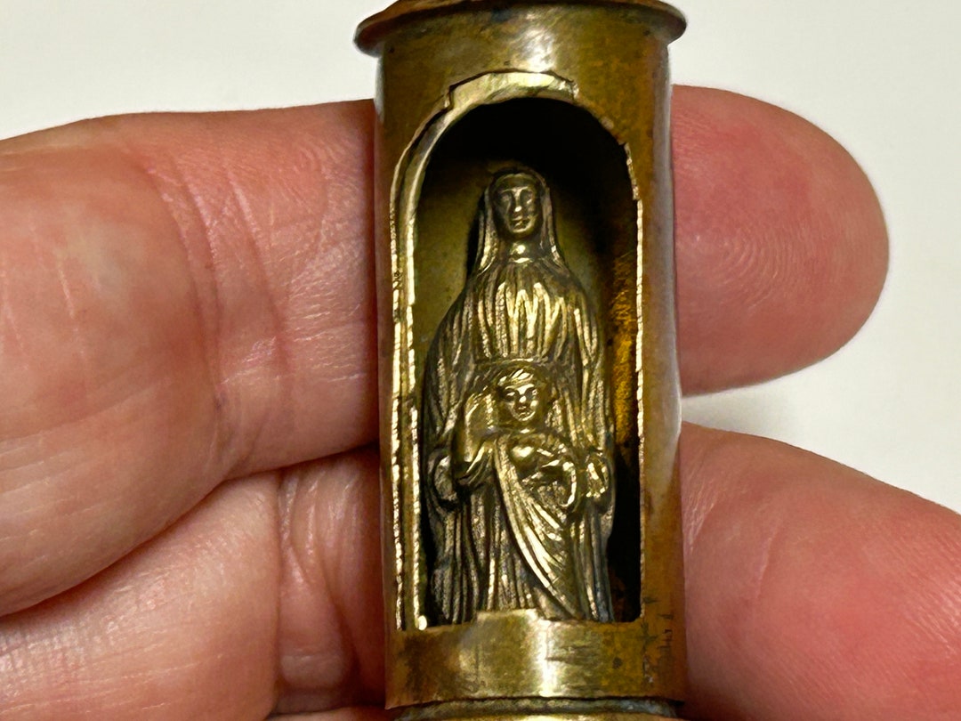 Antique Religious Mini Shrine, Blessed Mother and Child Mini Statue in ...
