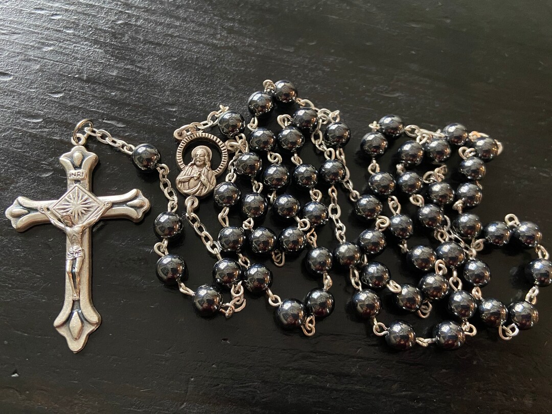 Vintage Dark Grey Glass Bead Rosary With Ornate Silver Metal - Etsy