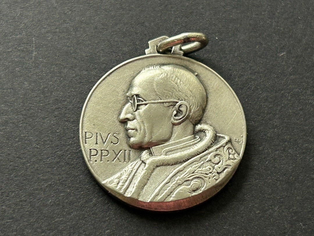 Vintage Large French Brass Pope Pius XII Religious Medal, Raised Image on Front/back, Back Side ...