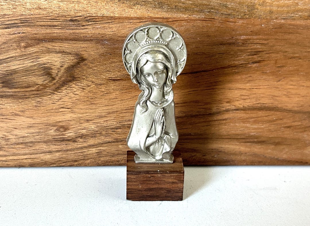 Vintage Small Pewter Virgin Mary Statue Wood Base, Blessed Virgin Mary ...