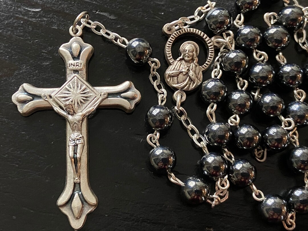 Vintage Dark Grey Glass Bead Rosary With Ornate Silver Metal Crucifix ...