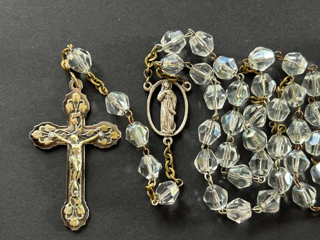 Vintage Clear Glass Bead Rosary With Open Cut Virgin Mary Center Piece ...