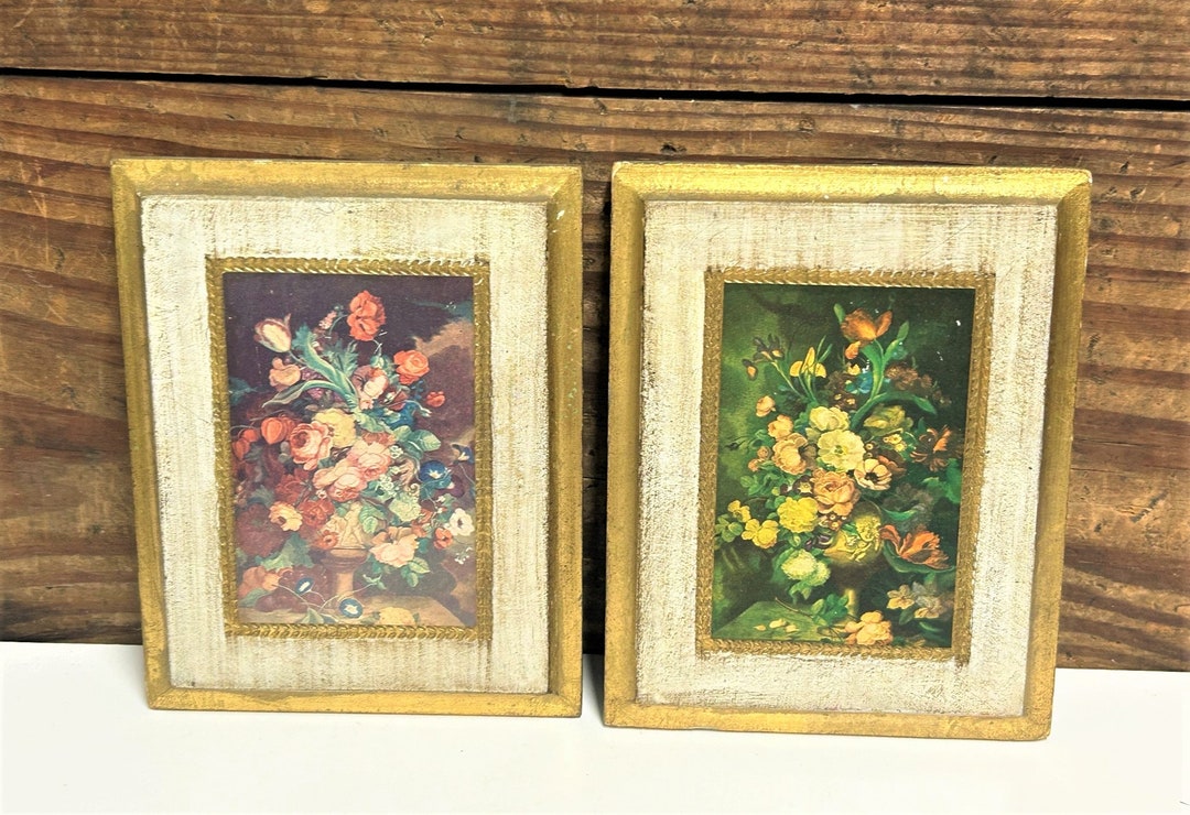 Pair of Antique Italian Florentine Floral Wall Plaques, Artisan Plaques ...