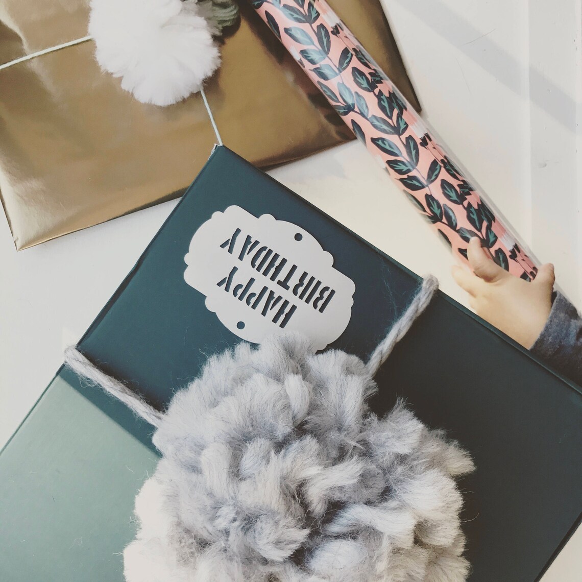 Reusable gift topper / present topper wooly grey Pom with | Etsy