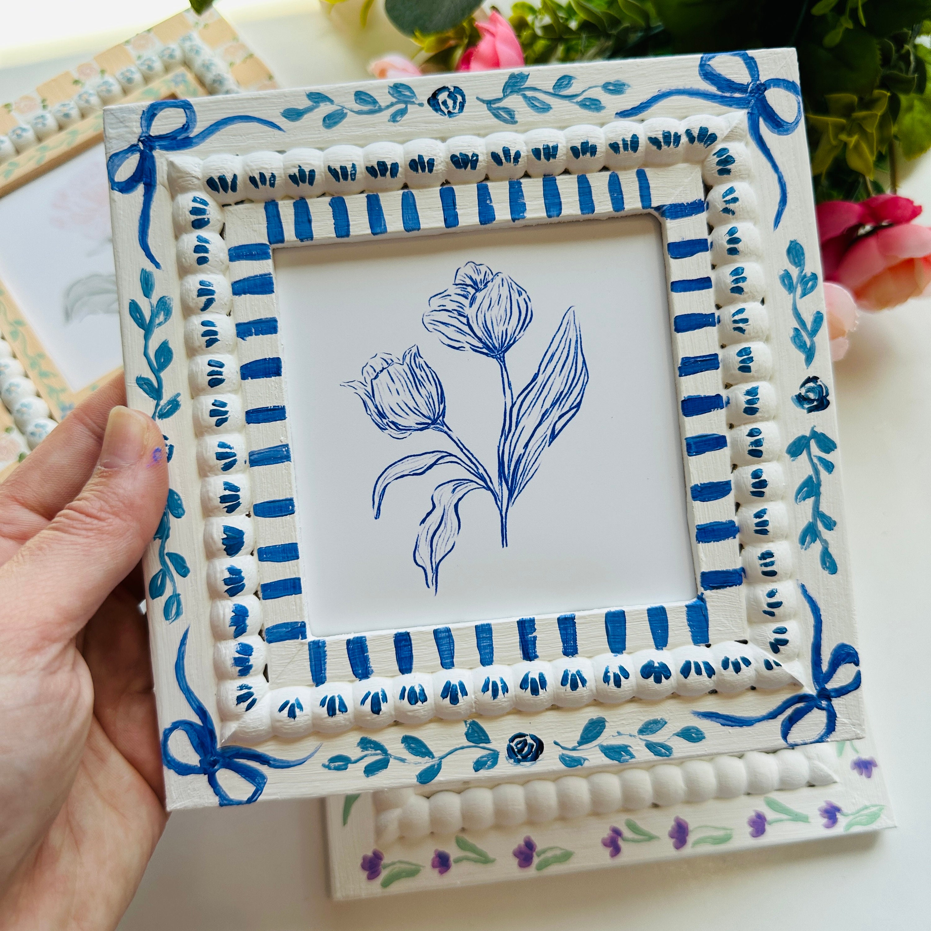Blue Drawing Tulip in Floral Hand Painted Frame - Etsy