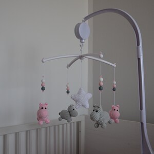 Yellow and Gray Baby Mobile With Crochet Hippo, Crib Mobile With Music ...