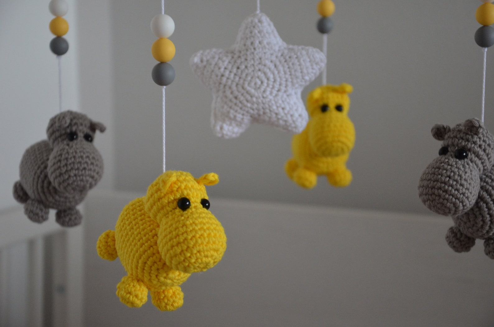Yellow and Gray Baby Mobile With Crochet Hippo, Crib Mobile With Music ...