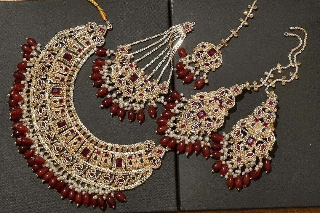Pakistani Jewelry Necklace Set Bridal Gold Polish Red Maroon Beads ...