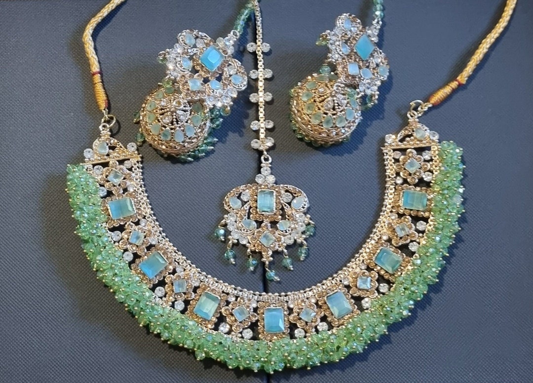 Pakistani Jewelry Necklace Set Mint Green Collar Gold Polish Pearl ...
