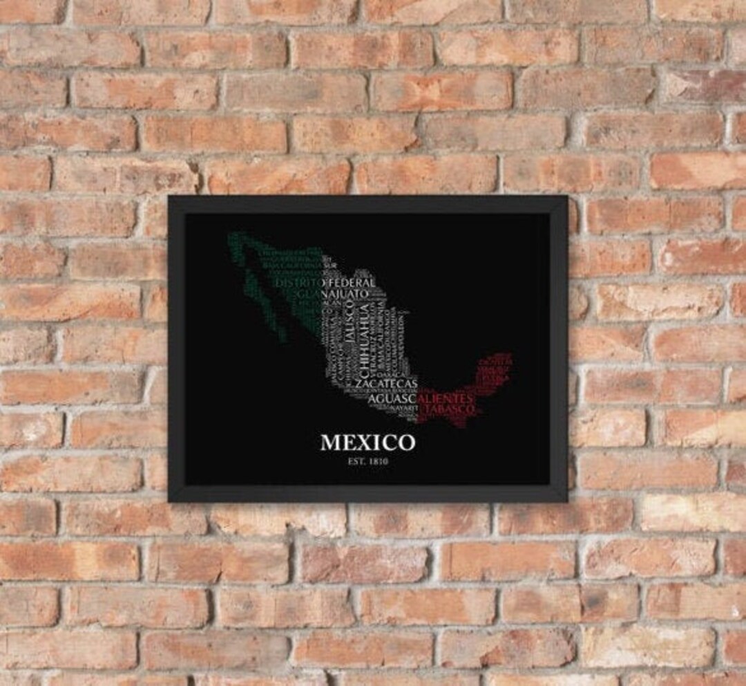 Mexico Map With State Names and Flag Colors Framed Poster Cuadro De ...