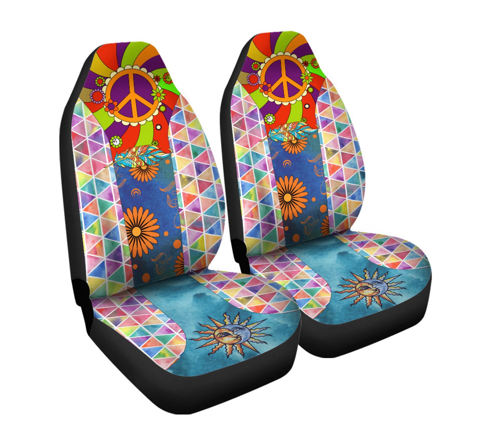 70s Hippie Style Colorful Car Seat Cover With Peace Sign Boho Etsy