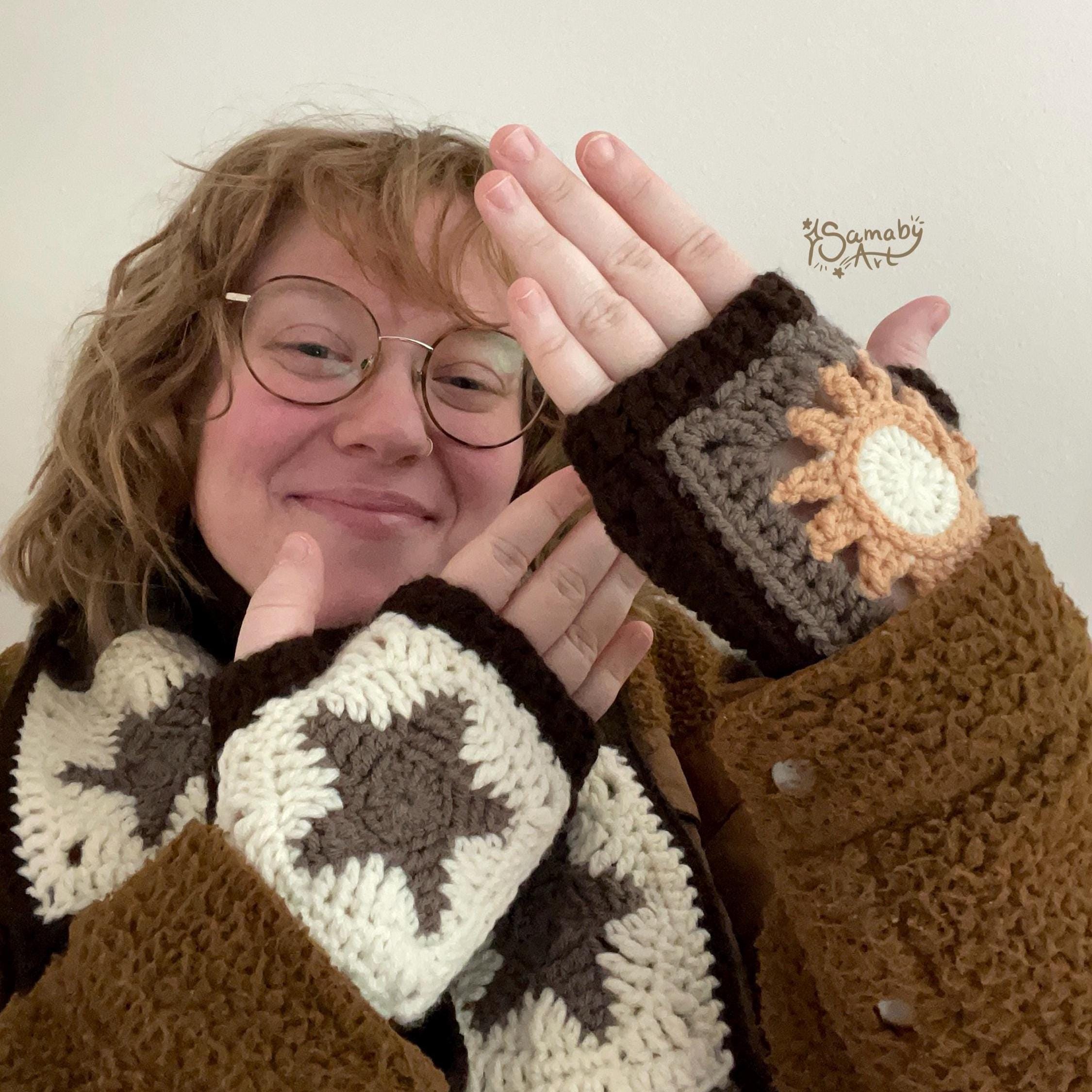 Crochet Celestial Granny Square Fingerless Gloves: Sun, Moon, & Stars ...