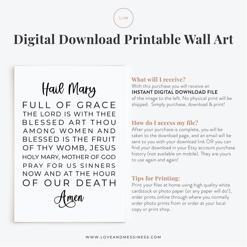 Hail Mary Prayer Printable -- Hail Mary Printable Art, Ave Maria Prayer ...