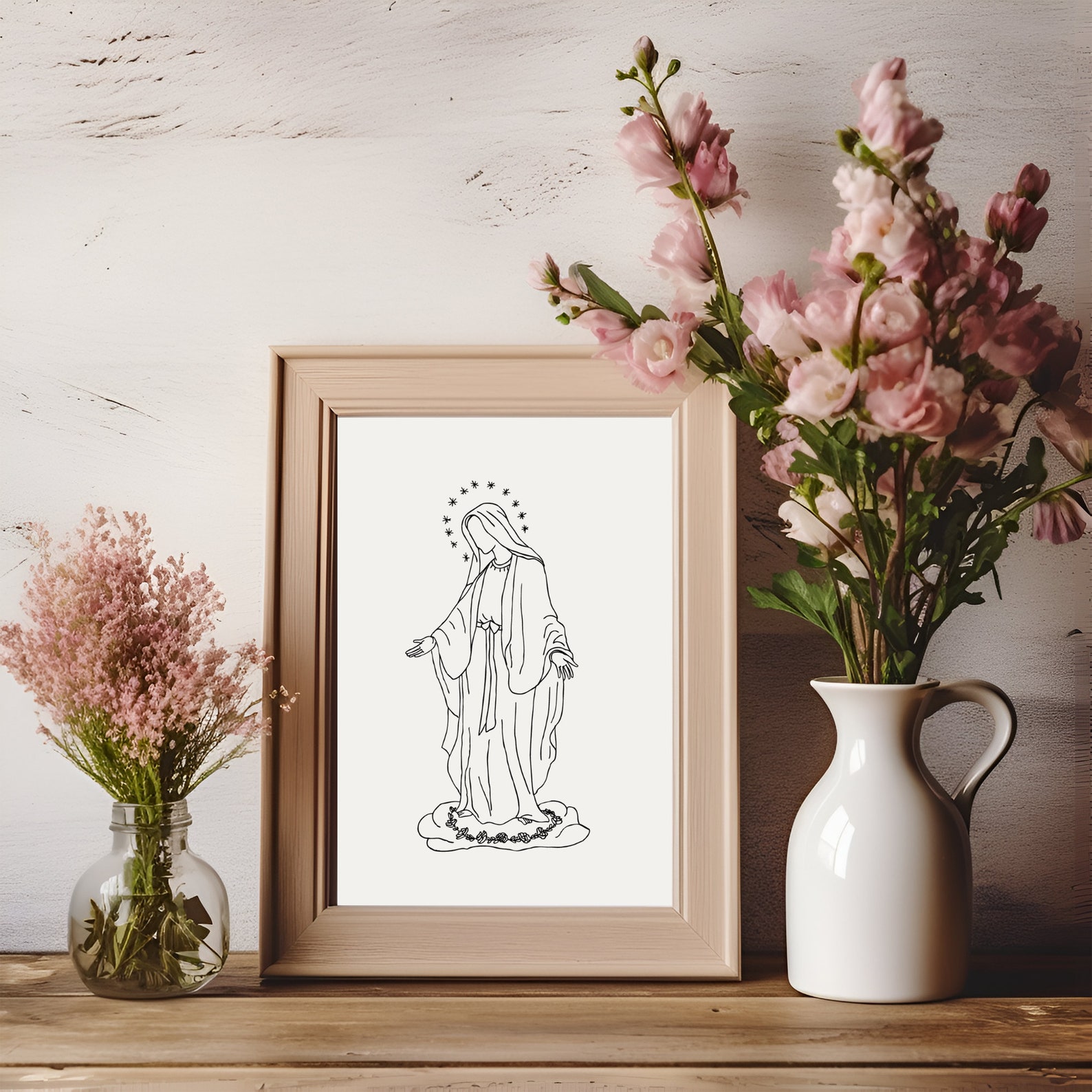 Blessed Virgin Mary Print -- Catholic Wall Art, Virgin Mary Drawing ...