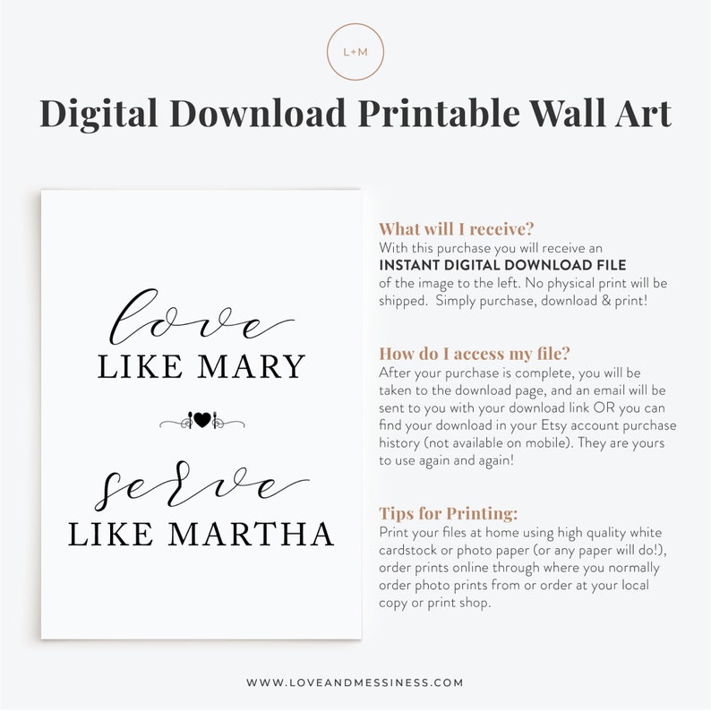 Love Like Mary, Serve Like Martha Printable Wall Art -catholic Home ...