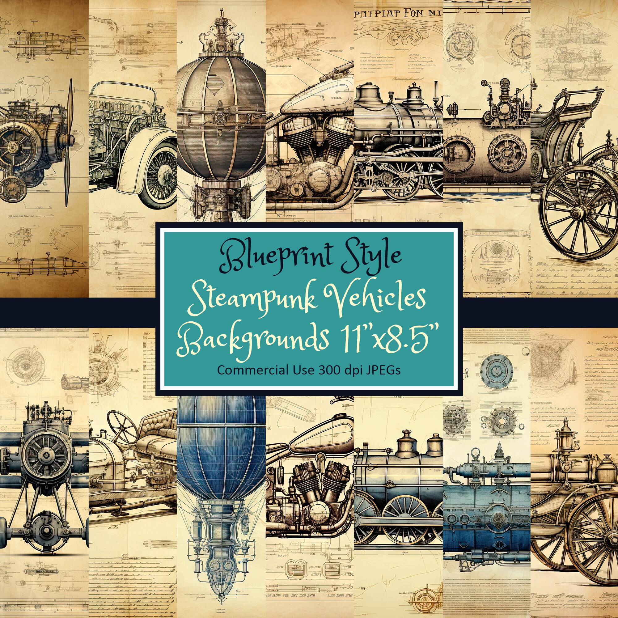 Steampunk Vehicle Blueprint Style Old Paper Digital Paper Letter Size ...