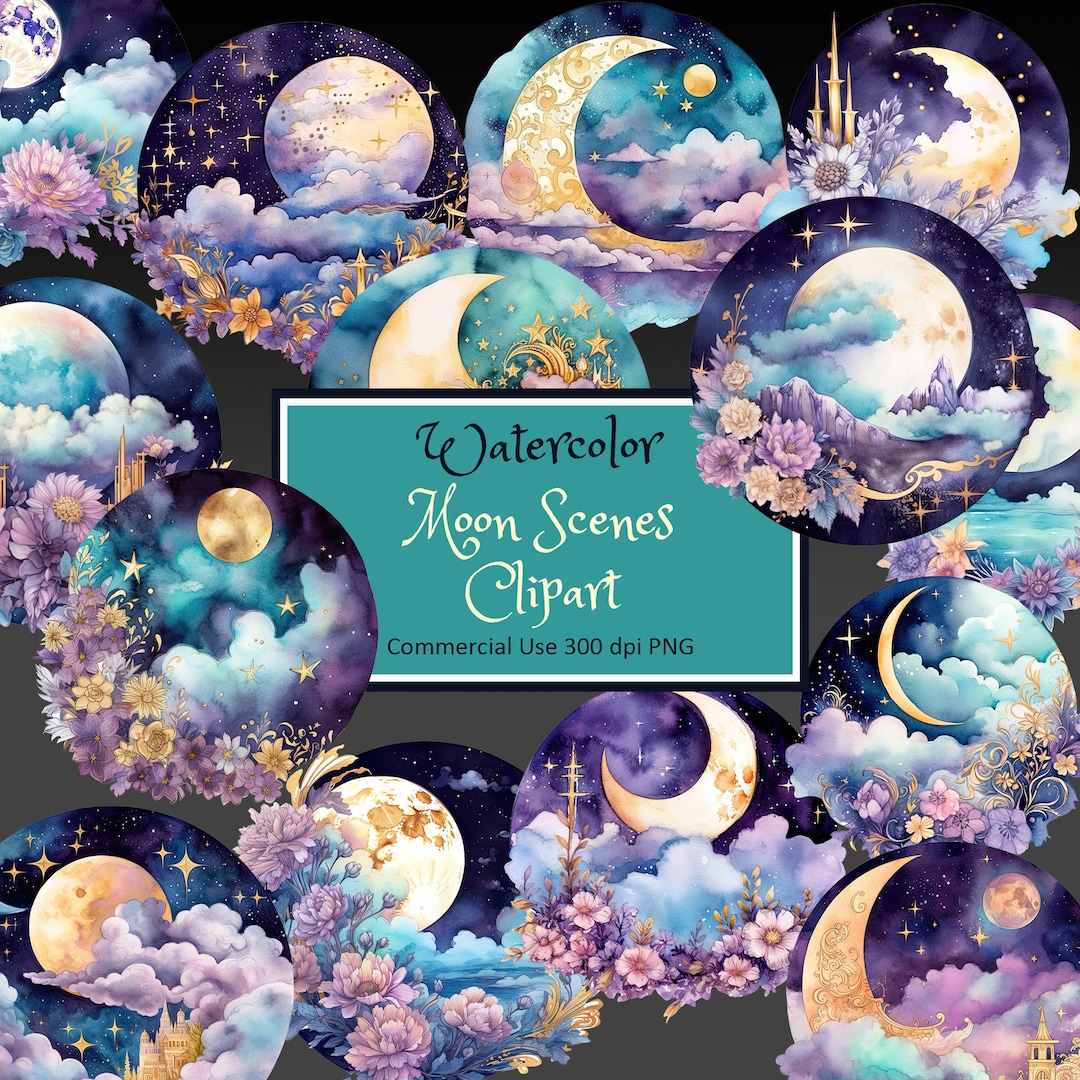 Watercolor Moonscapes Floral Scenes Night Clipart Set in Turquoise ...