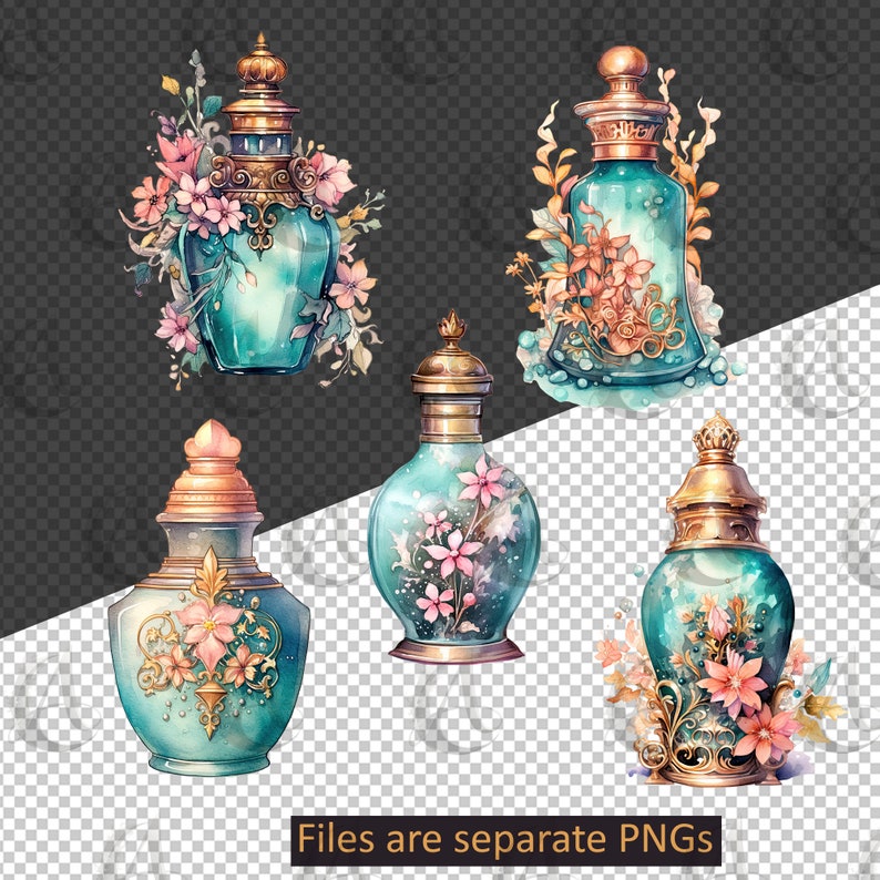 Watercolor Floral Fantasy Potion Bottles Clipart Set in Teal Blush Pink ...