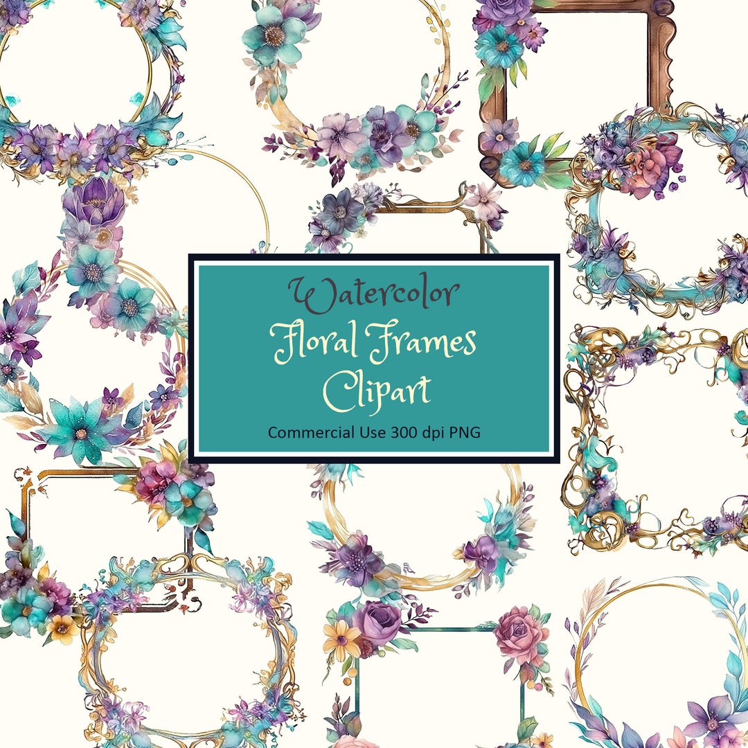 Watercolor Beautiful Floral Frames Clipart Set - Turquoise Purple Gold ...
