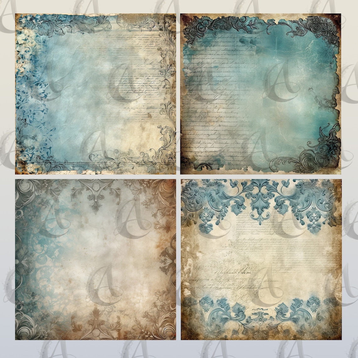 Vintage Blue Patina Old Papers Set 12x12 JPEG Instant Download ...
