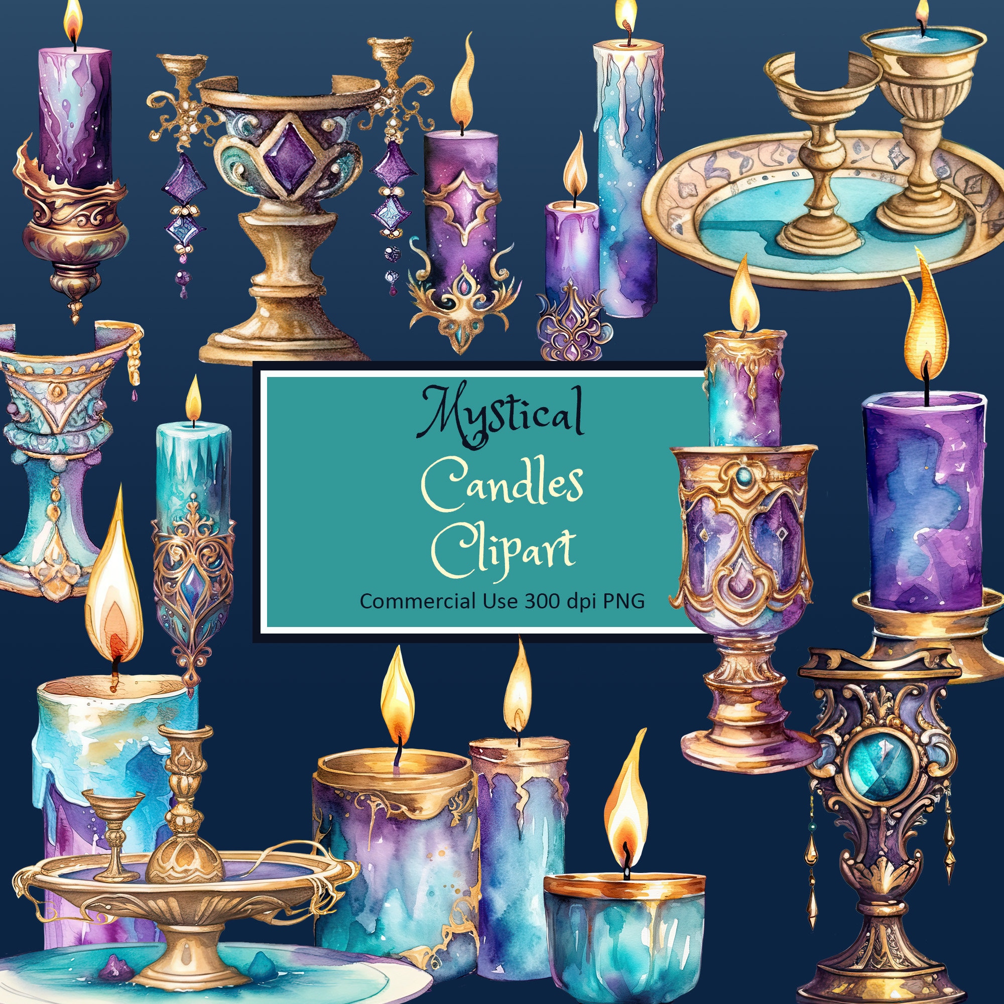Mystical Candles Set With Candleholders Watercolor in Turquoise Purple ...
