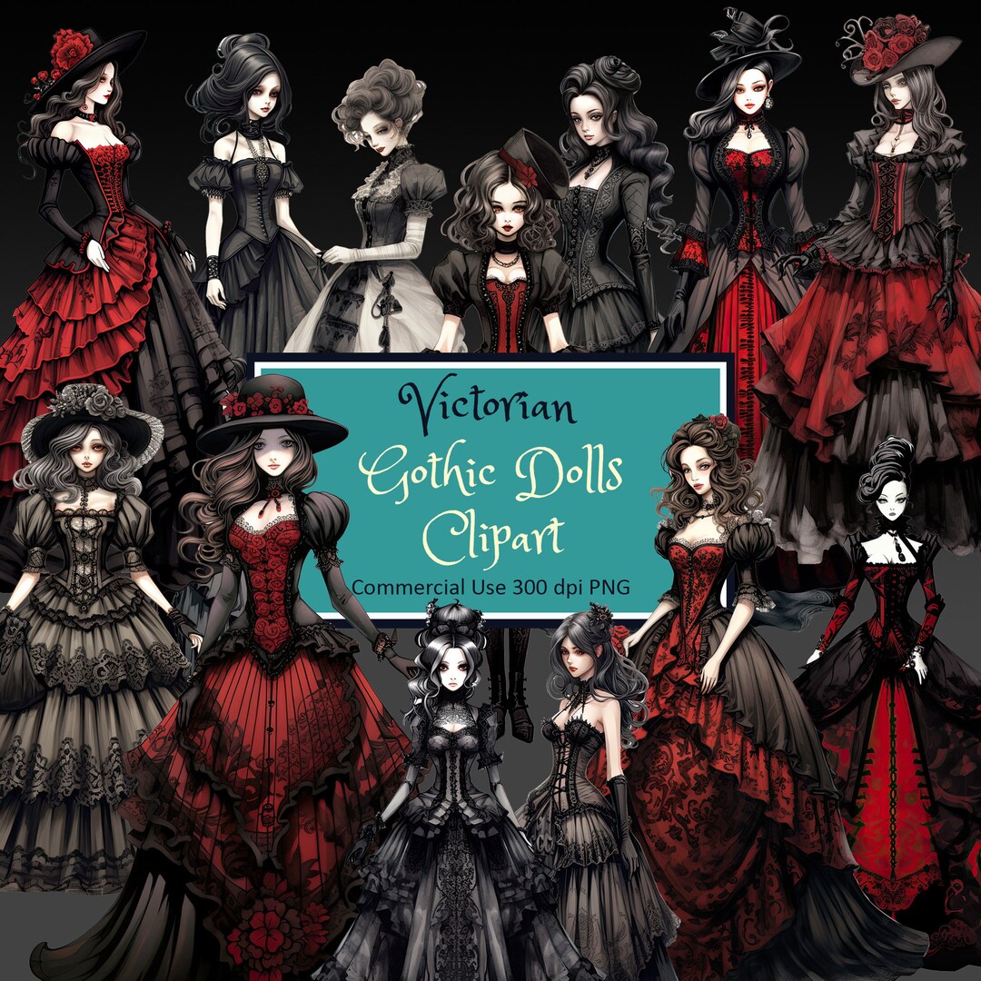 Victorian Gothic Fashion Doll Style Women Clipart Set - PNG Instant ...