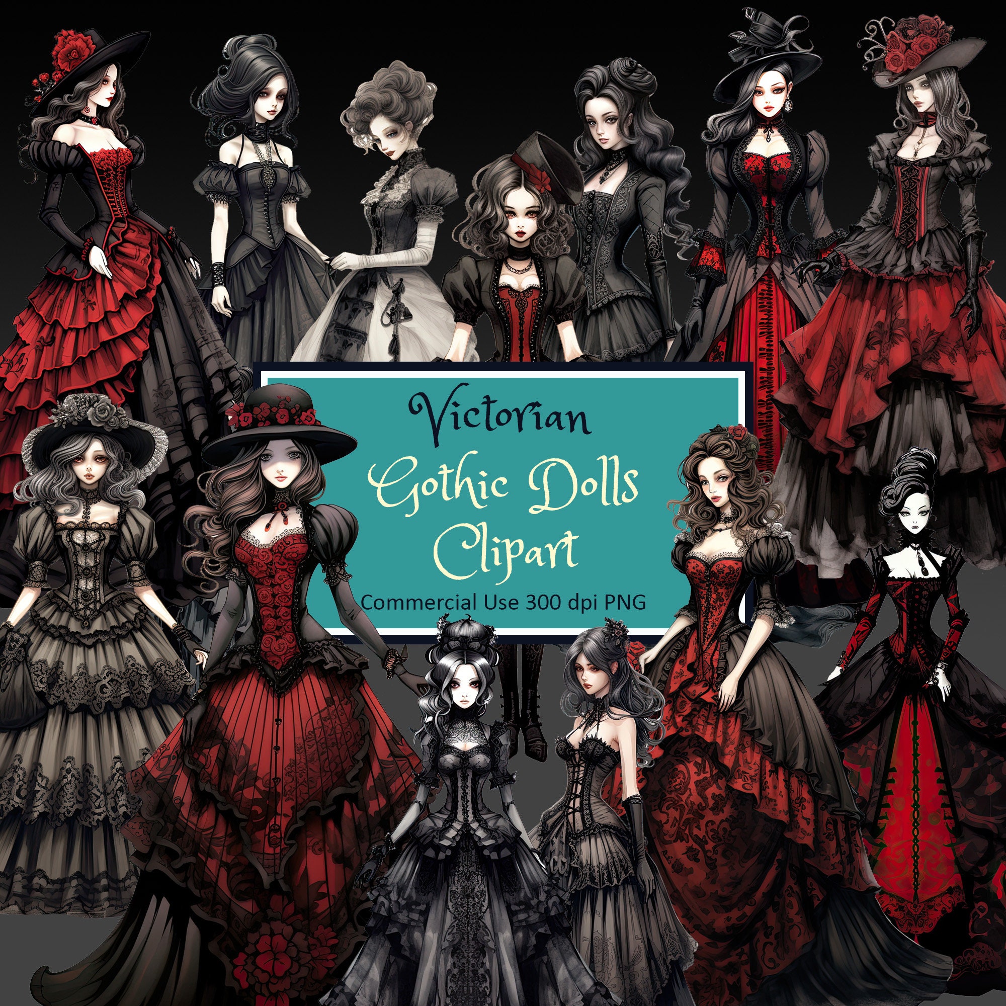 Victorian Gothic Fashion Doll Style Women Clipart Set PNG Instant ...