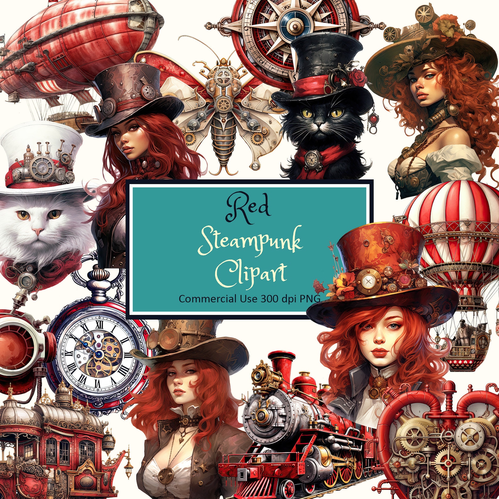 Red Steampunk Clipart Set PNG Instant Download Commercial - Etsy