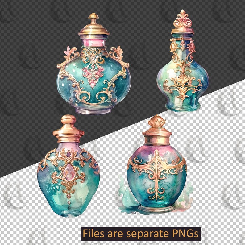 Watercolor Floral Fantasy Potion Bottles Clipart Set in Teal Blush Pink ...
