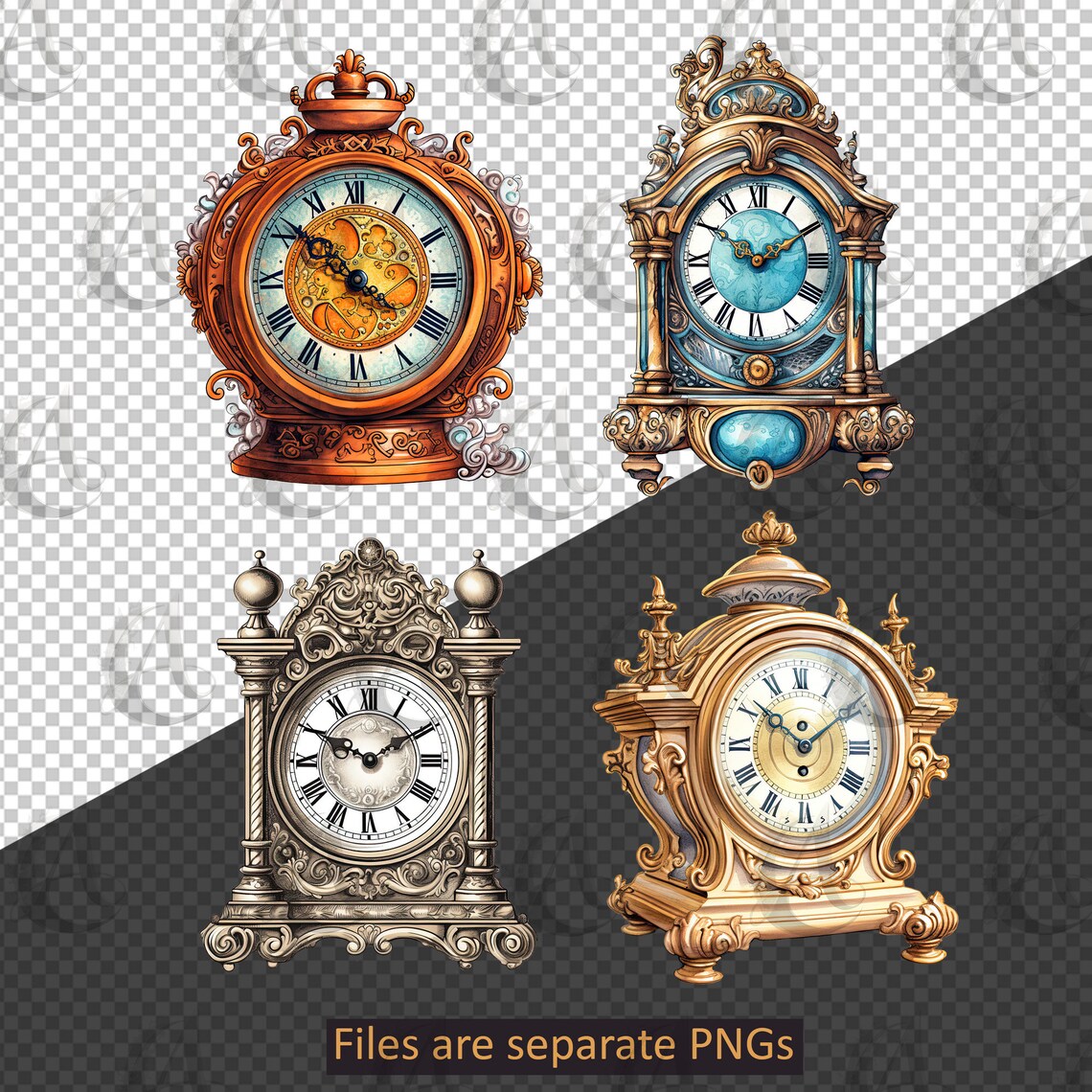 Vintage Style Clocks Clipart Set - PNG Instant Download Commercial Use ...