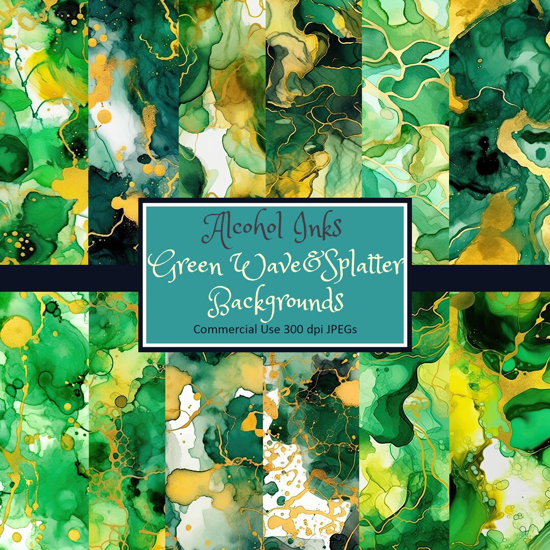 12 Alcohol Ink Green Gold Seamless Backgrounds Wavy Splatters - JPEG ...