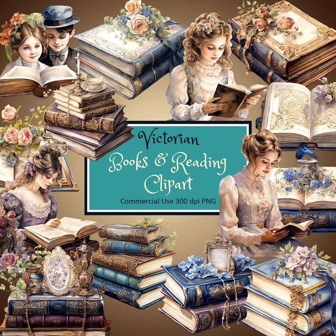 Victorian Books and Reading Romantic Clipart Set - PNG Transparent ...