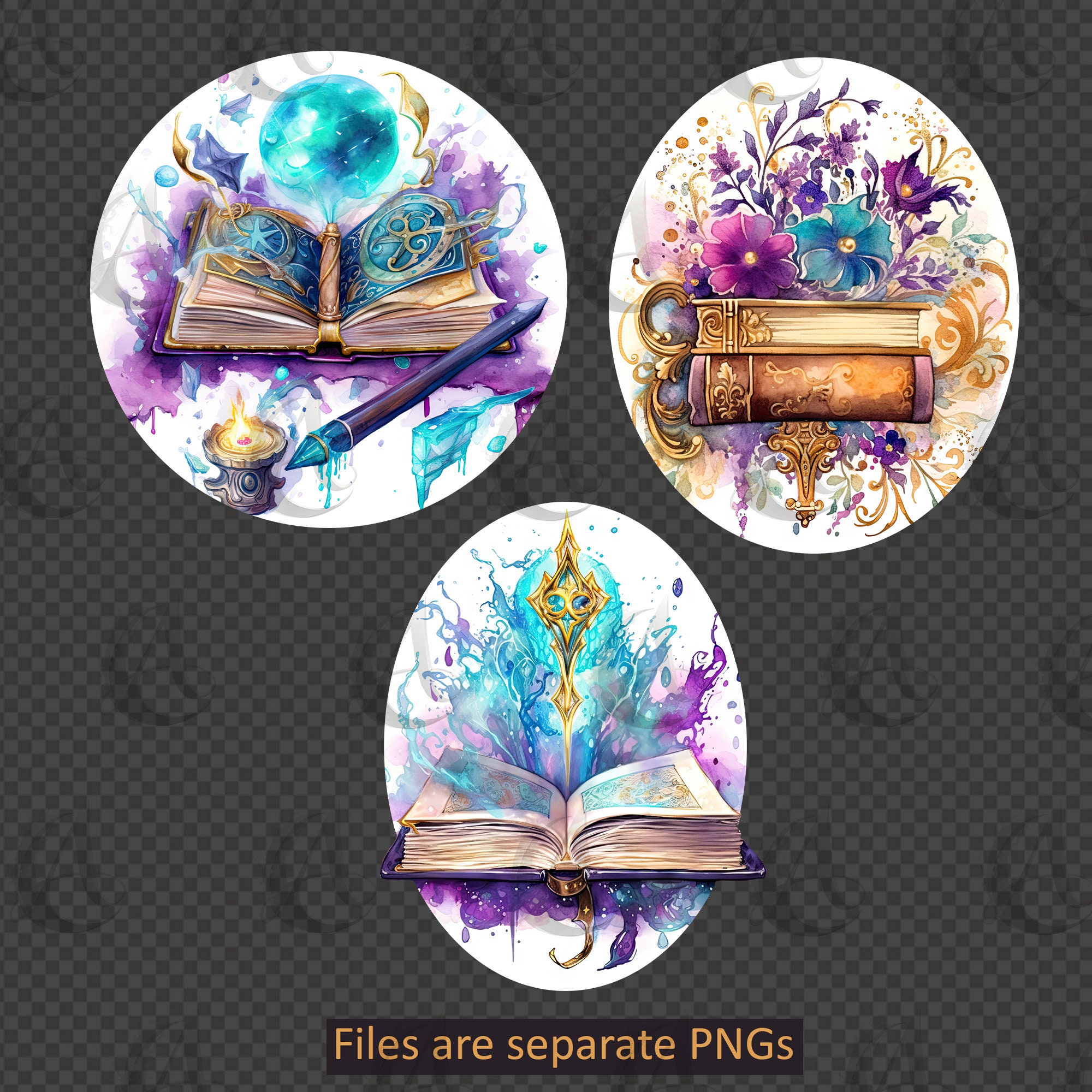 Watercolor Spell Book Clipart: Turquoise, Purple & Gold (PNG Digital ...