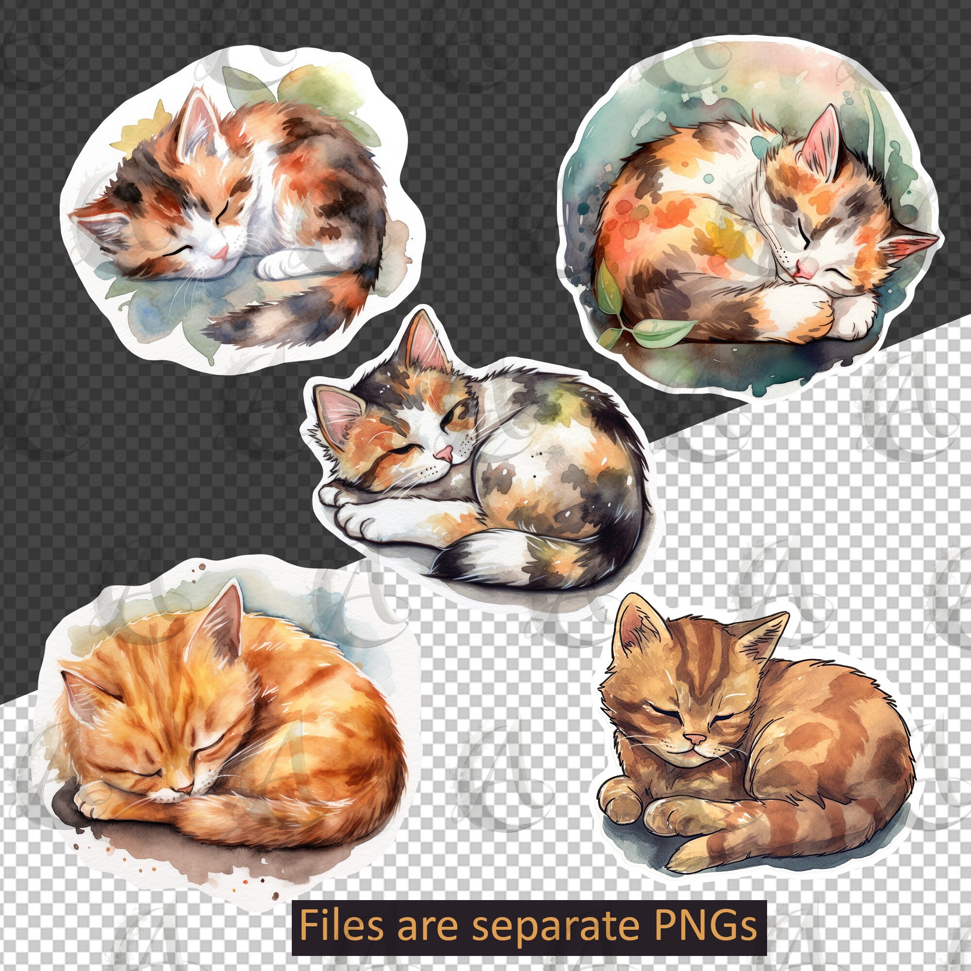 Watercolor Sleeping Kittens Clipart Stickers Set - PNG Instant Download ...