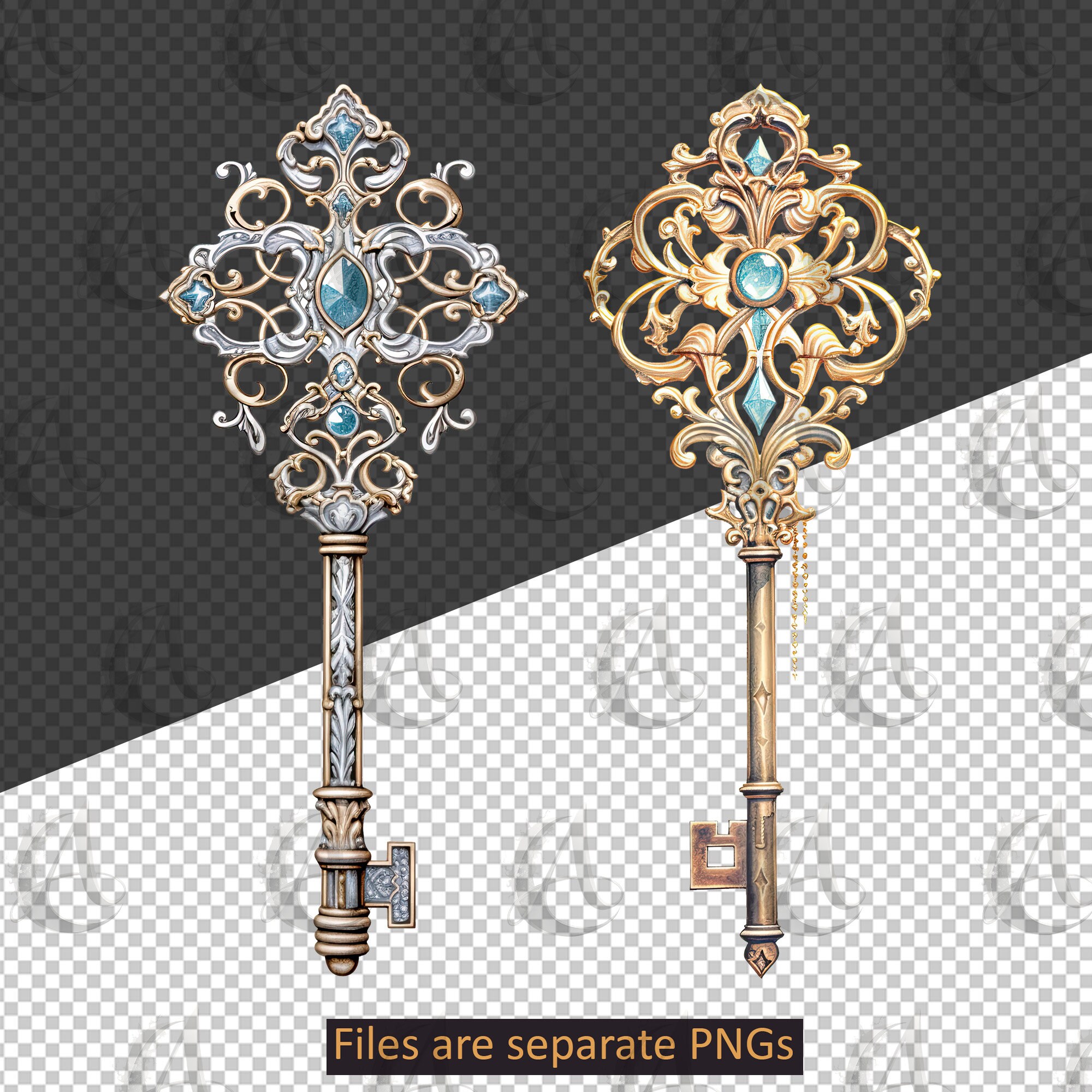 Victorian Gemstone Keys Clipart: Ornate Gold & Silver (PNG Digital ...