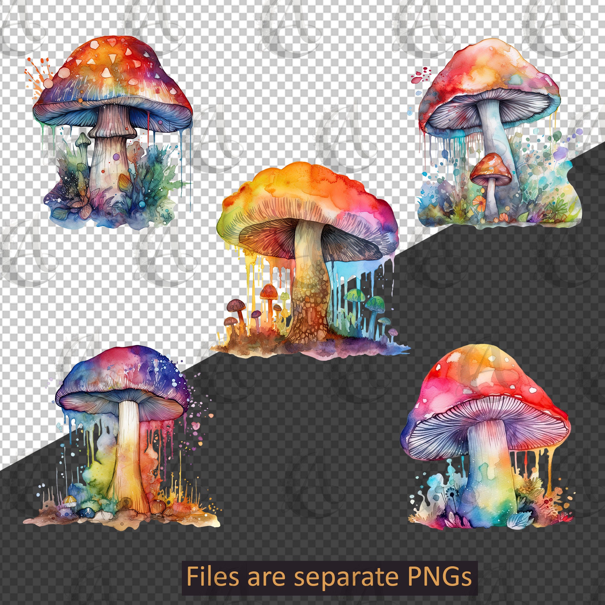 Rainbow Mushrooms Watercolor Clipart Set - PNG Instant Download ...