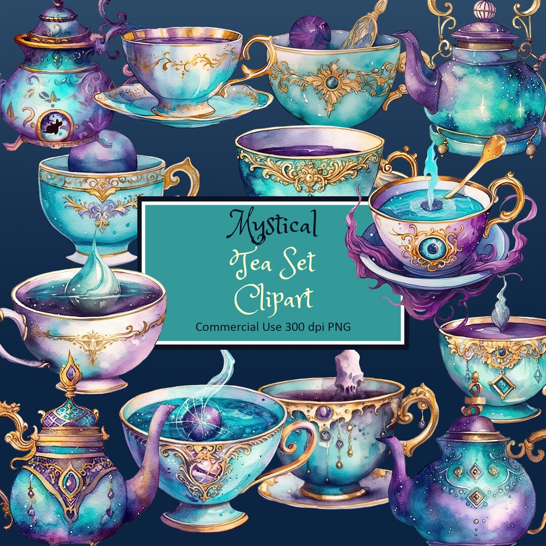 Mystical Tea Clipart Set Watercolor in Turquoise Purple Gold - PNG ...